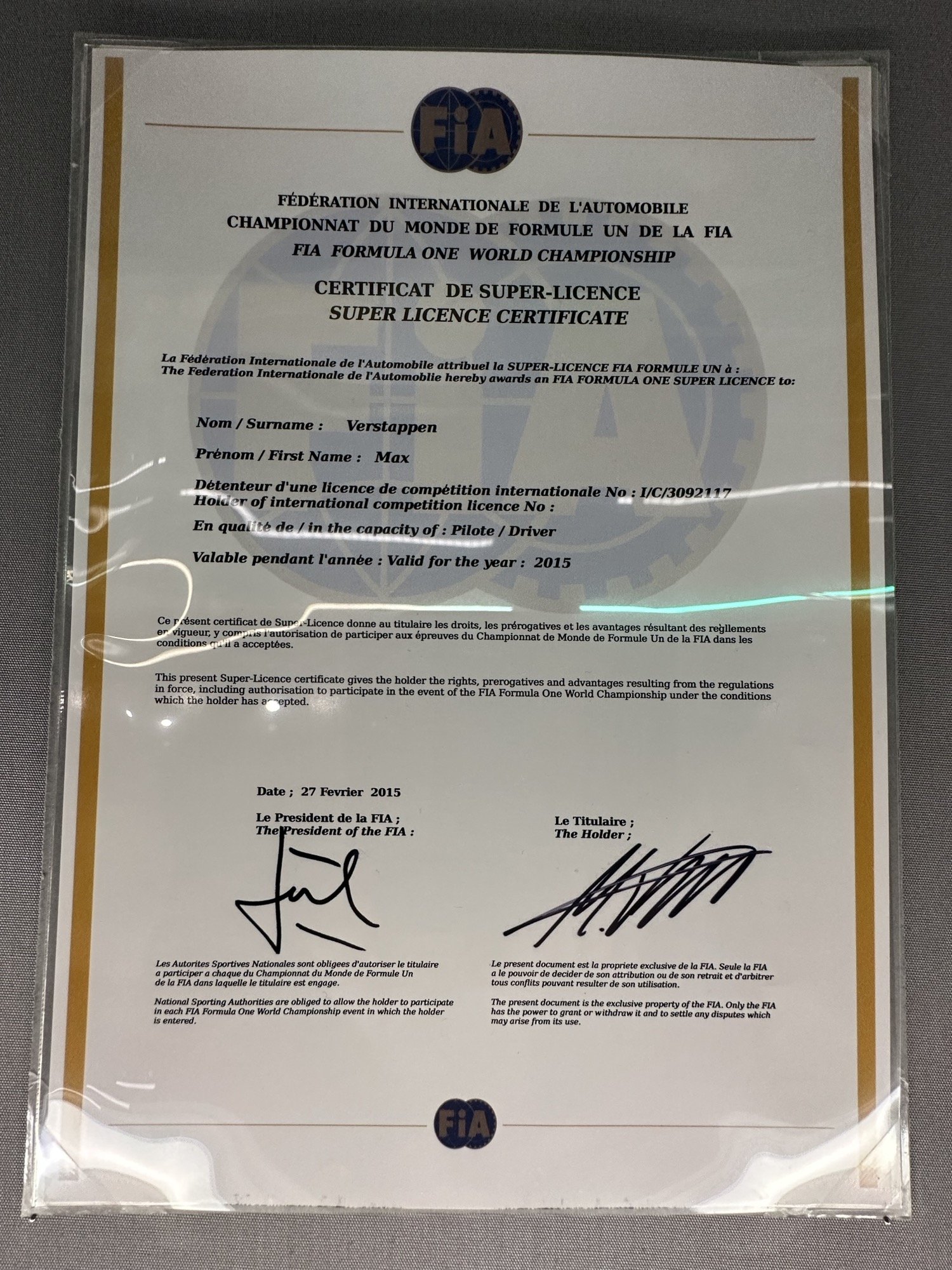 Max Verstappen's first ever F1 super-license is being displayed at the ...